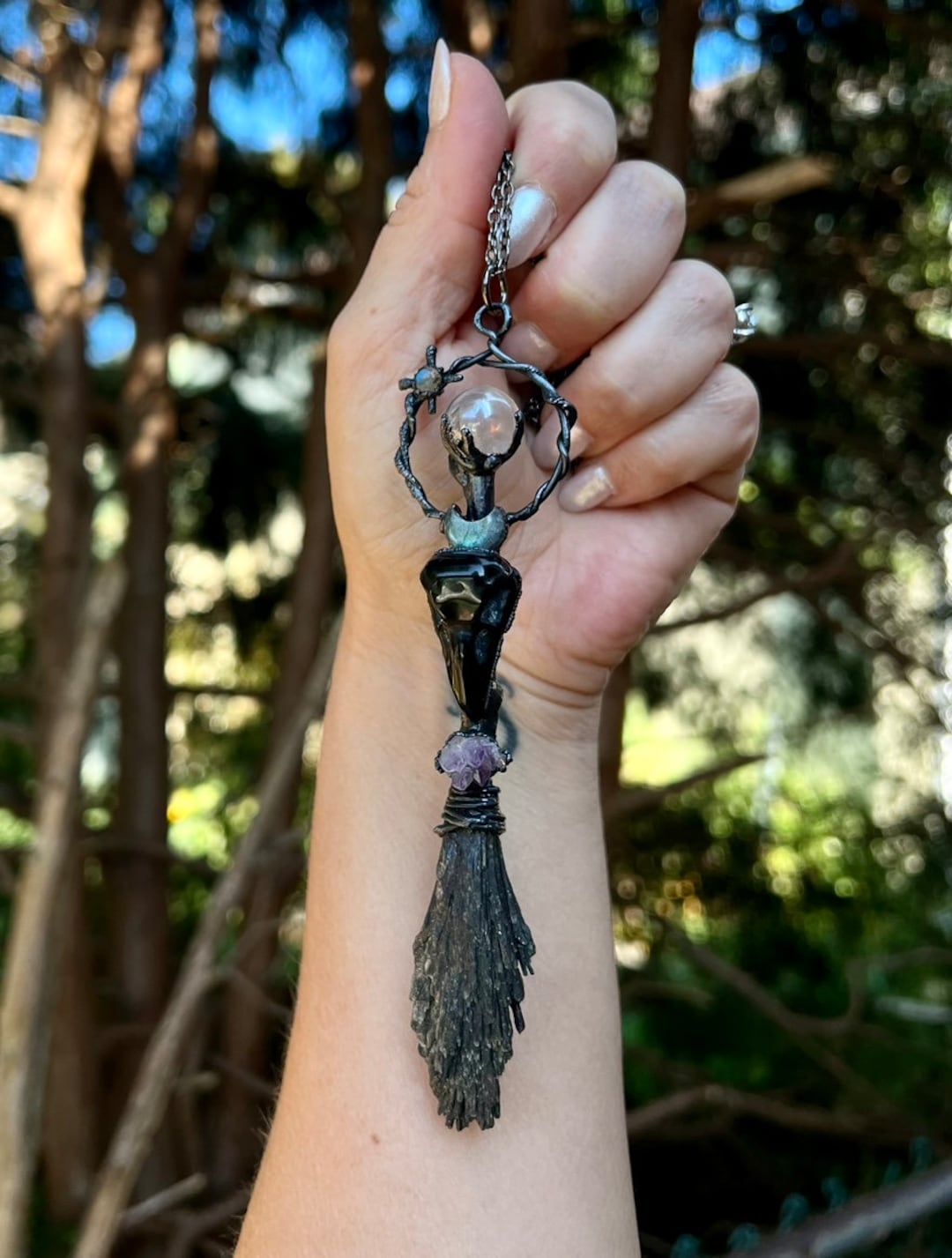 Raven Skull Broom Pendant | Witch Broom Necklace | Kyanite Broom - Etsy