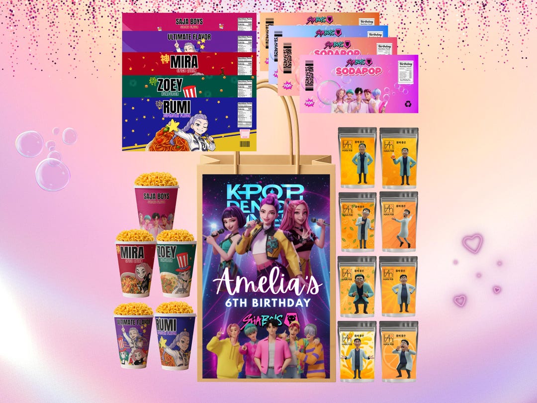 K-pop Party Labels, Huntrix Demon Birthday Printables, Saja Boys Soda ...