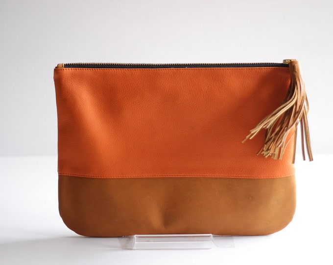 COLORBLOCK Two-toned Leather Clutch in Orange and Tan - Etsy