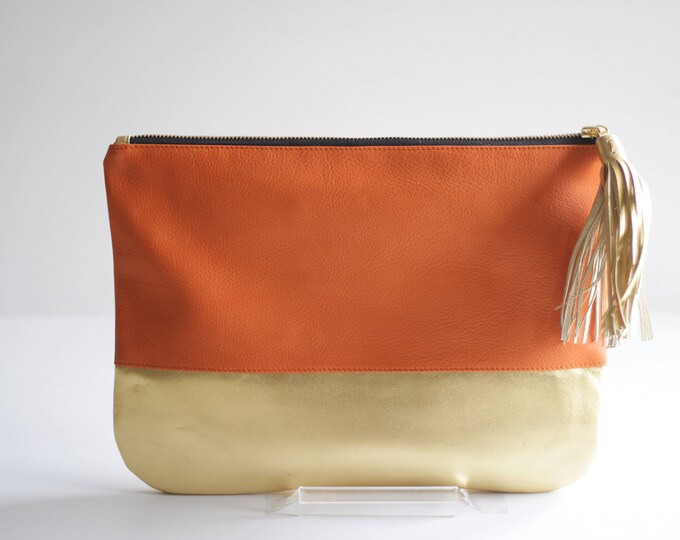 COLORBLOCK Two-toned Leather Clutch in Orange and Gold - Etsy