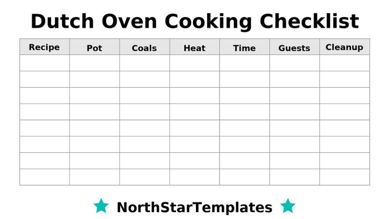Dutch Oven Cooking Checklist Premium Printable and Editable Template DE ...
