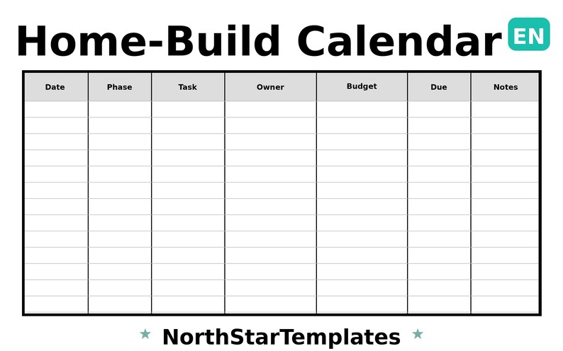 Home‑build Calendar Premium Printable and Editable Template DE EN ES ...