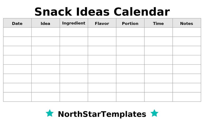 Snack Ideas Calendar Premium Printable and Editable Template DE EN ES ...