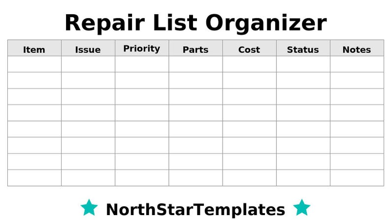 Repair List Organizer Premium Printable and Editable Template DE EN ES ...