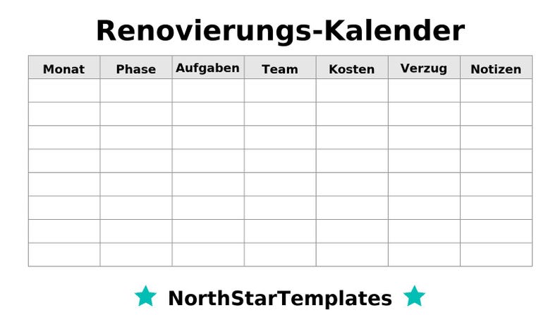 Renovation Calendar Premium Printable and Editable Template DE EN ES - Etsy