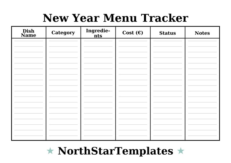 New Year Menu Tracker Premium Printable and Editable Template DE EN ES ...