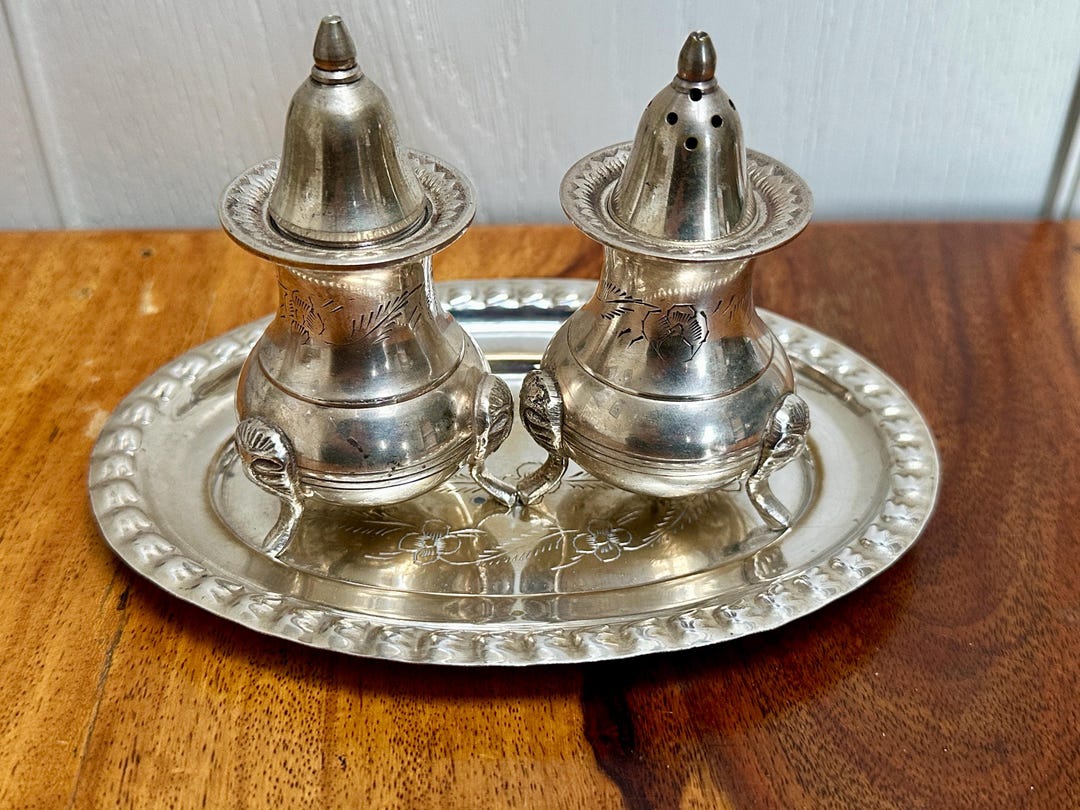 Vintage Silverplate Cruet Set – Salt & Pepper Shakers on Engraved Tray ...