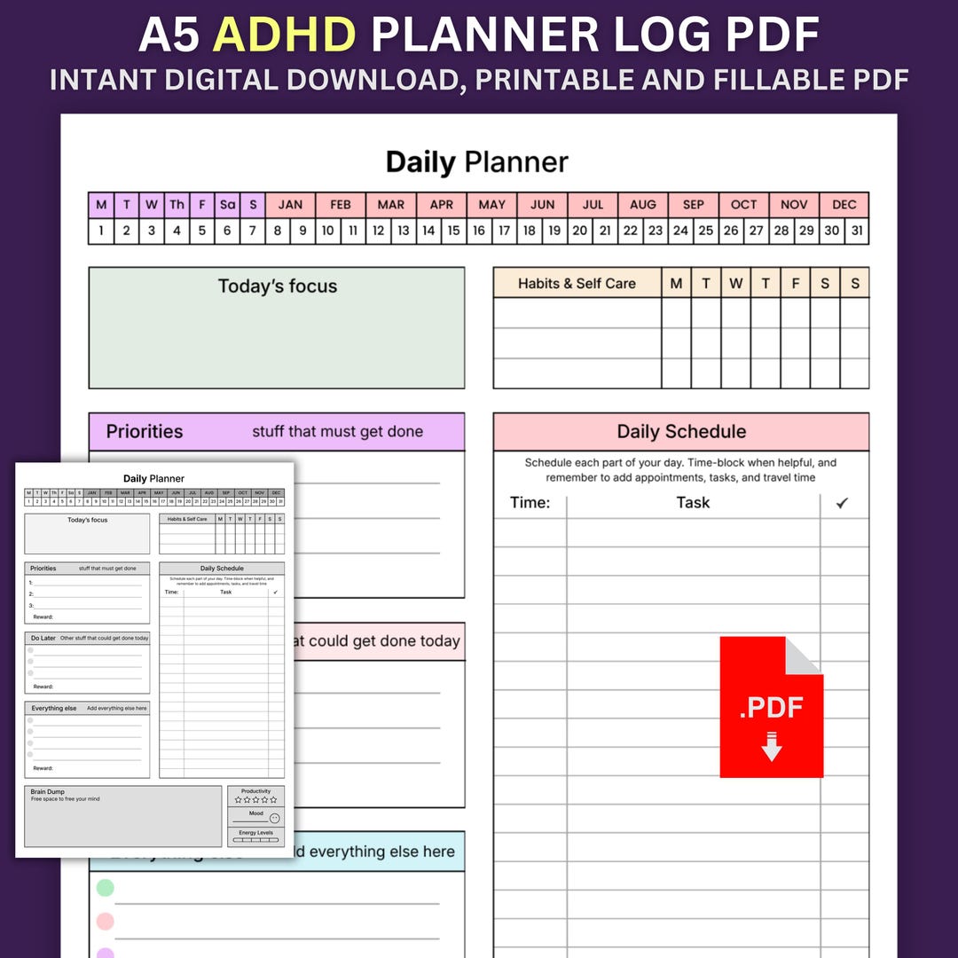 ADHD Daily Planner, Executive Function Organizer, Weekly Monthly (A5 ...