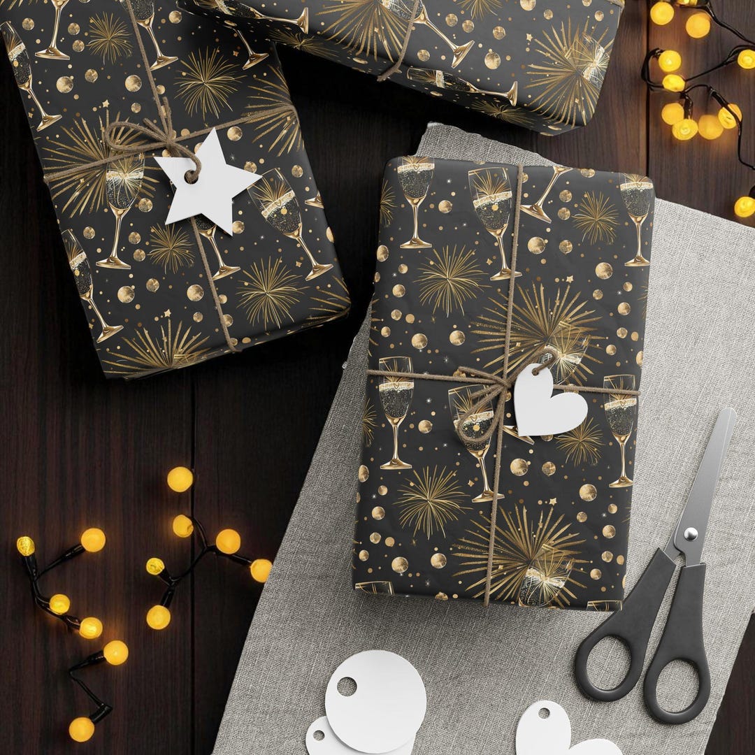 Black & Gold Fireworks Gift Wrap Paper | Festive Holiday Wrapping - Etsy