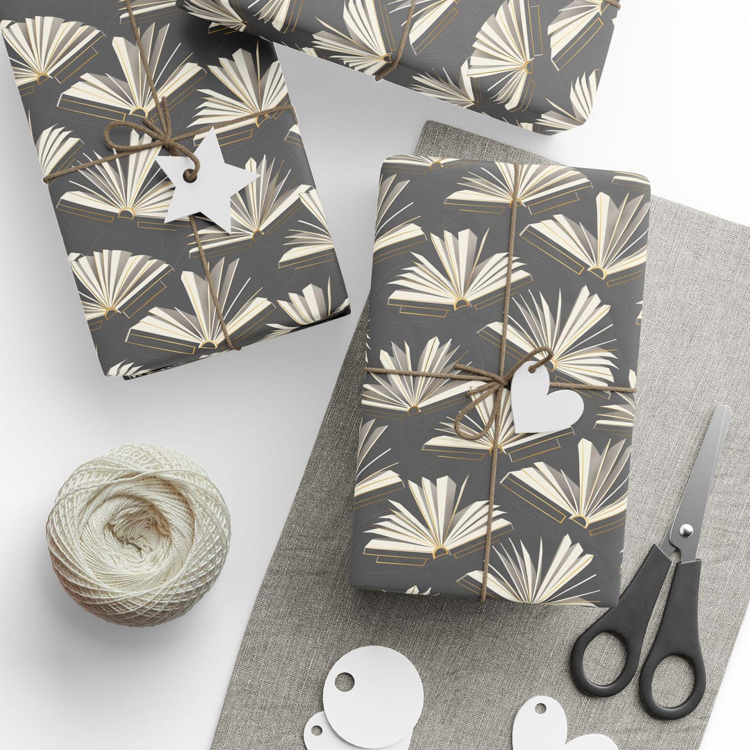 Wrapping Paper for Book Lovers | Open Book Pattern | Elegant Gray ...