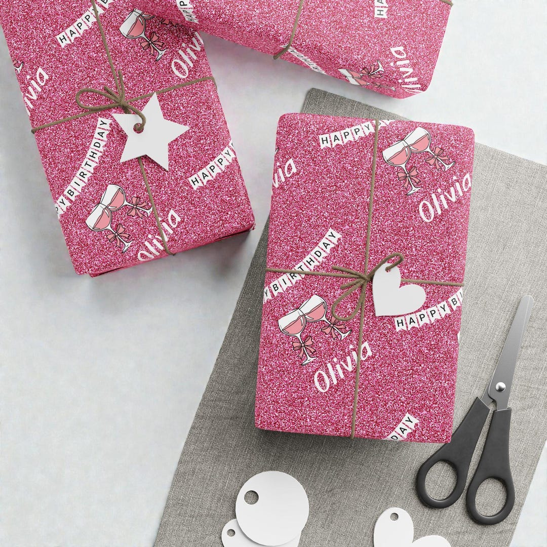 Personalized Birthday Wrapping Paper Pink Glitter Custom Name Gift Wrap ...