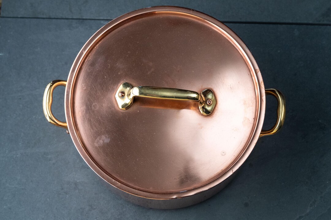 Sturdy 8-inch French “bazar Francais” Copper and Bronze Tin-lined Stew ...