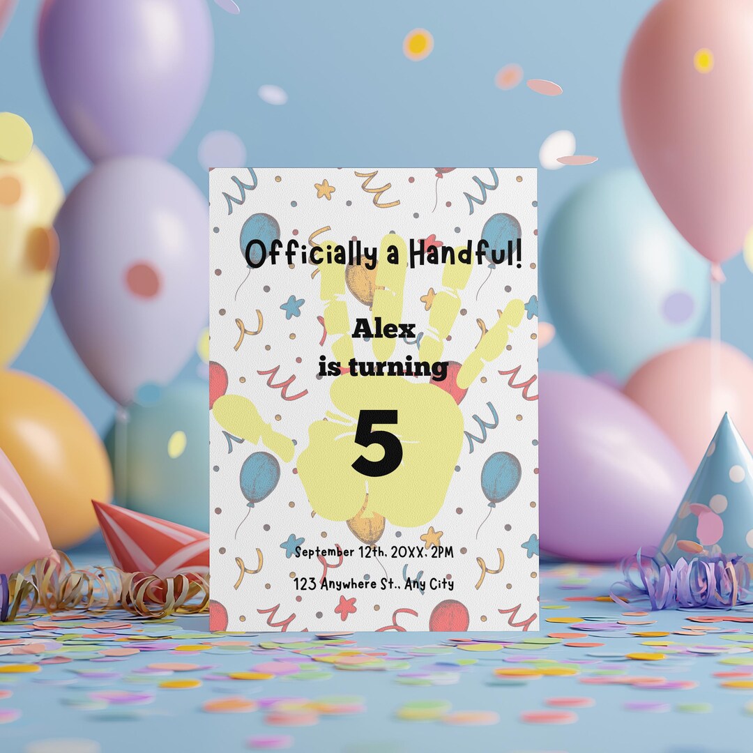 Officially A Handful Hand Full 5th Birthday Party Invitation Gender ...