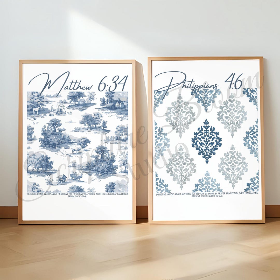 Toile & Damask Bible Verse Prints Set of 2, Christian Digital Wall Art ...