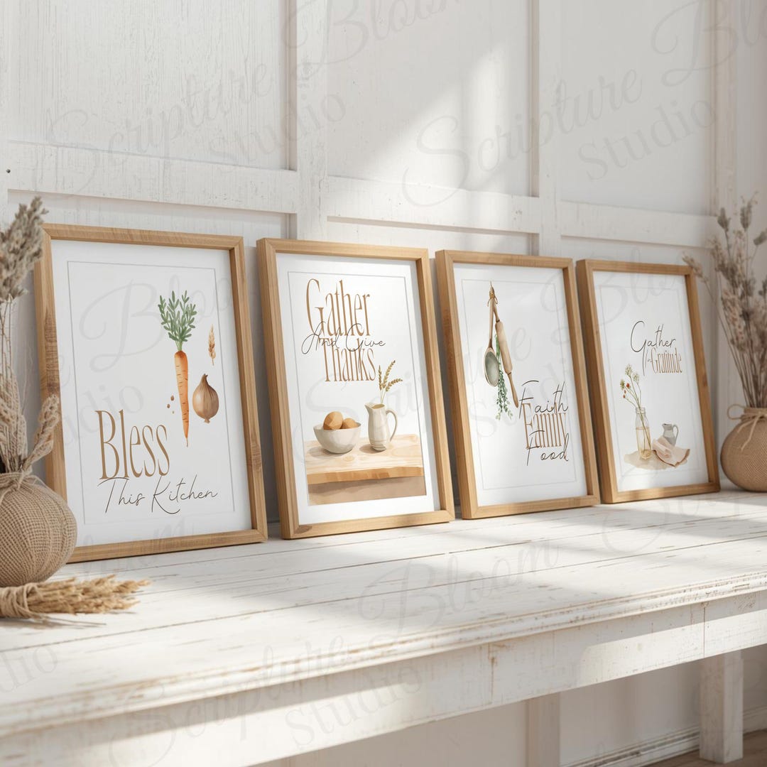 Christian Kitchen Decor Set of 4, Farmhouse Bless This Home Prints ...
