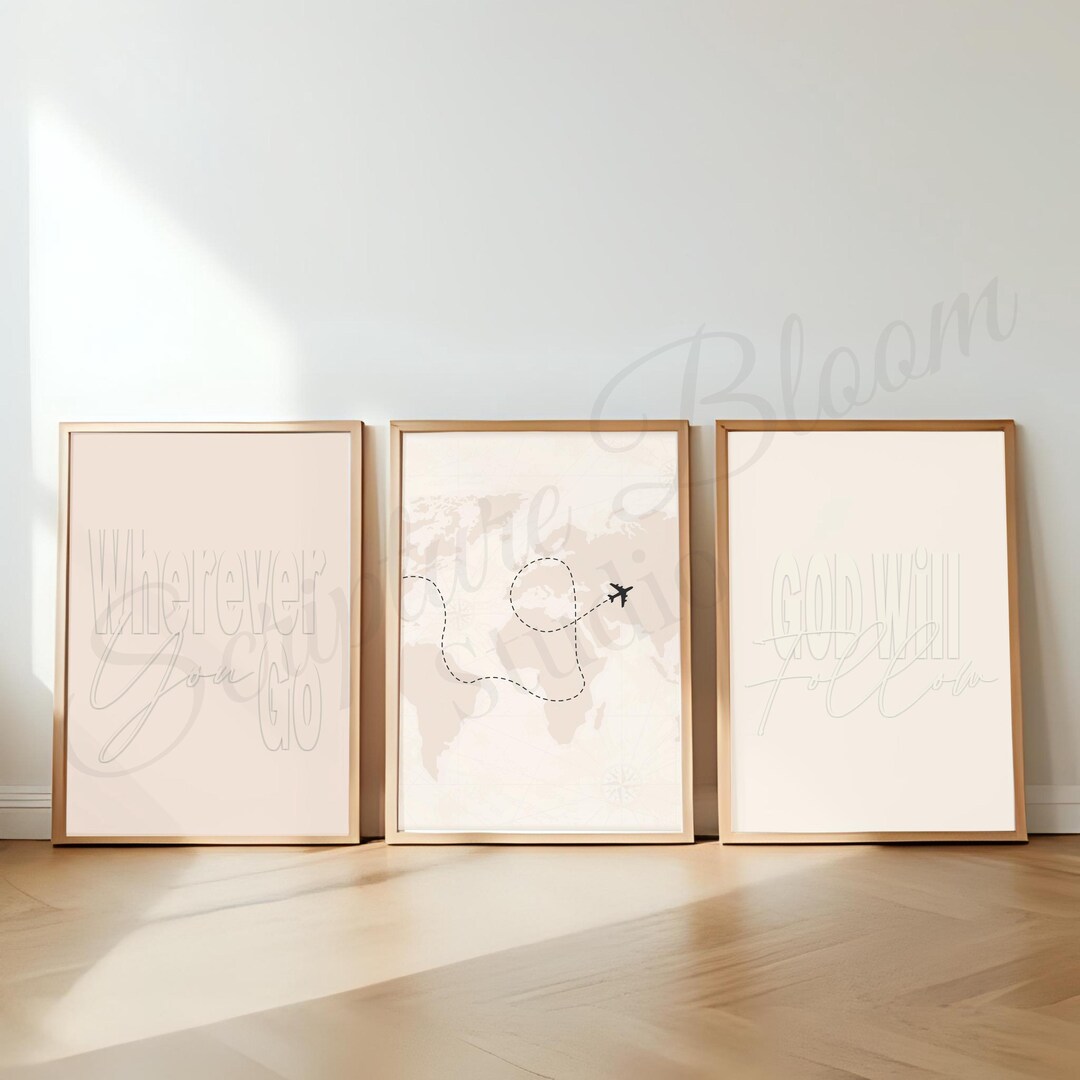World Map Christian Wall Art Set of 3, Wherever You Go Art, Digital ...
