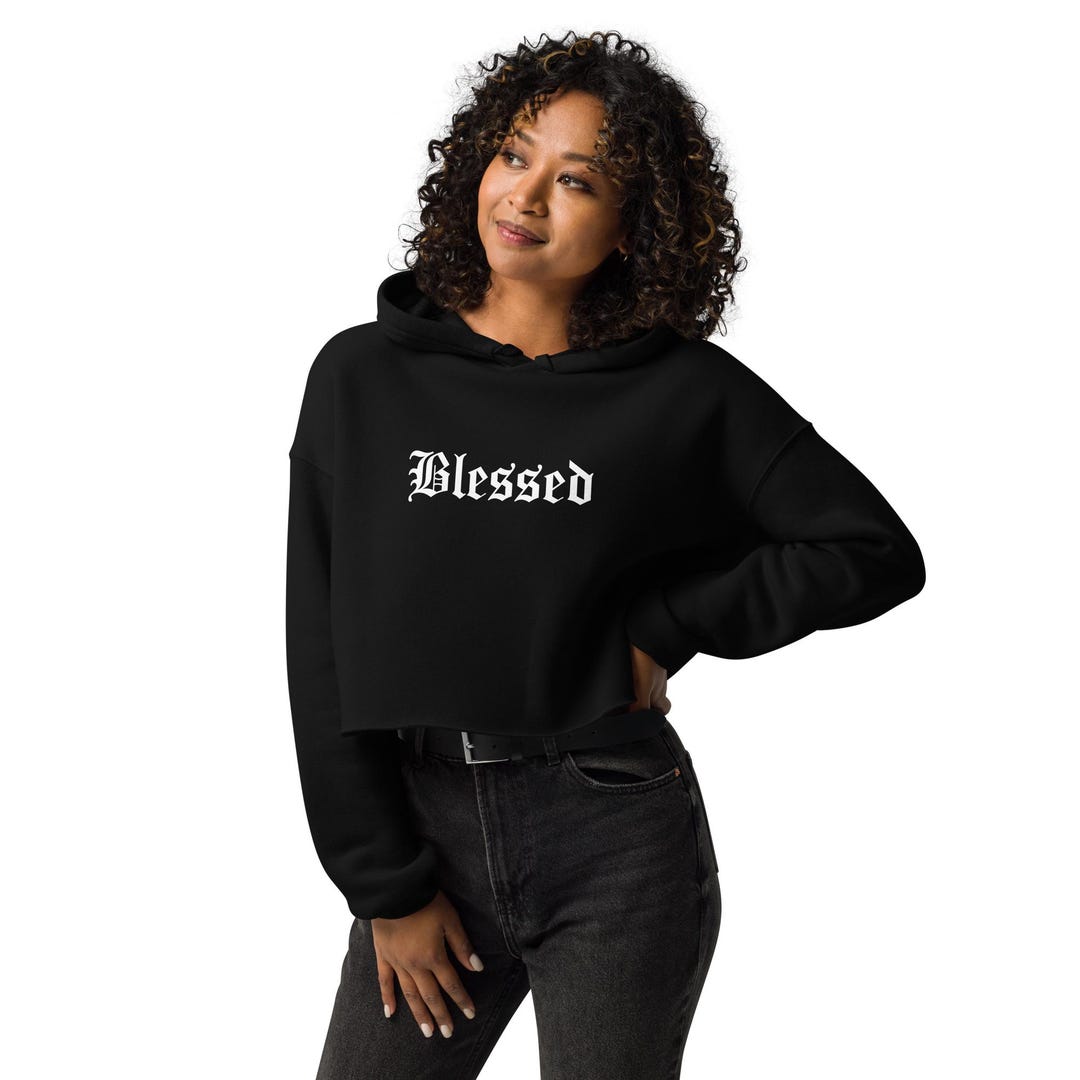 Cropped Hoodie Blessed White Letters - Etsy