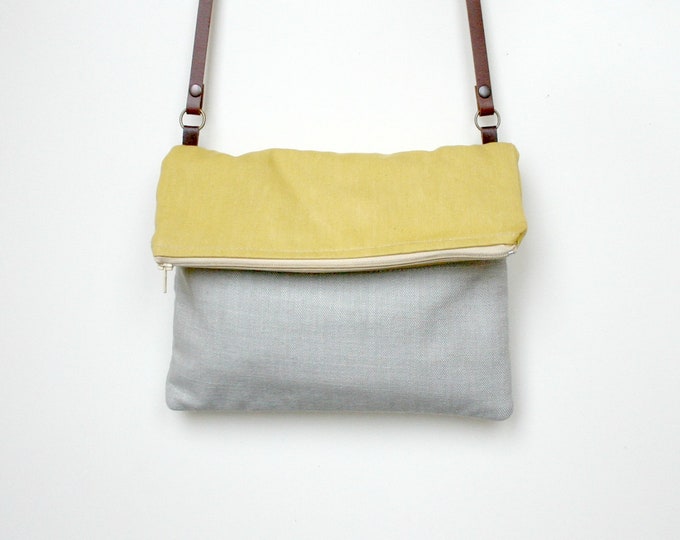 Foldover Bag Colorblock Purse Yellow Grey Washed Canvas - Etsy