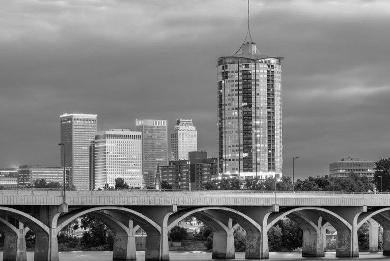 Tulsa, Oklahoma, USA Downtown Skyline on the Arkansas River at Dusk ...