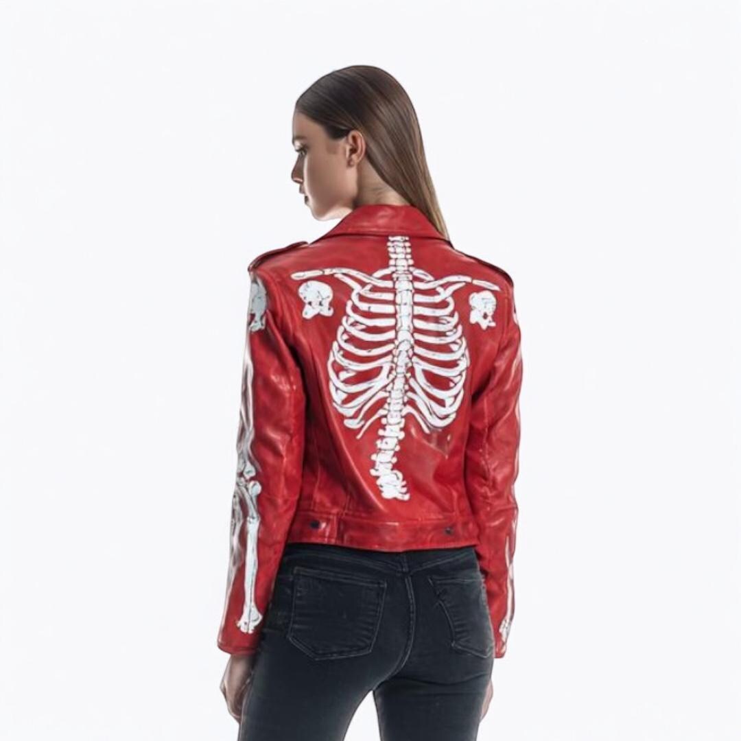 Red Skeleton Leather Jacket for Women – Gothic Punk Rock Biker Moto ...