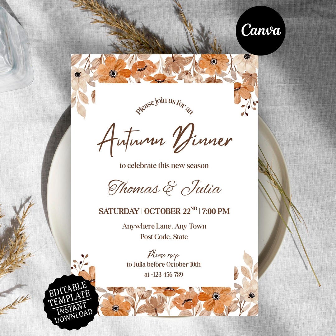 Autumn Dinner Party Invitation Template, Rustic Floral (digital ...