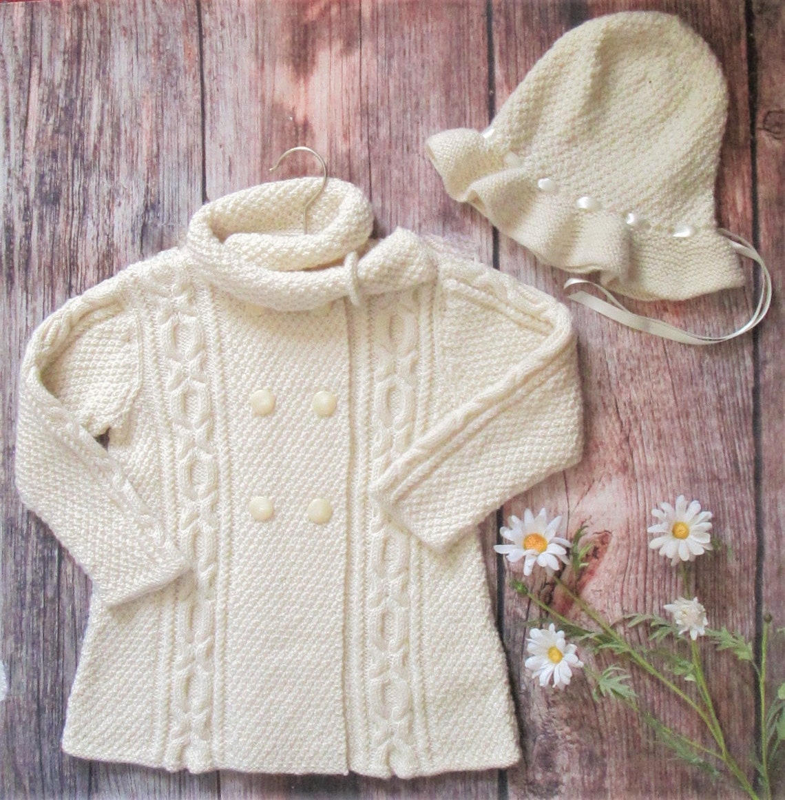 Little Girl's Toddlers Hand Knitted Button Coat Jacket and Hat ~ Aran ...
