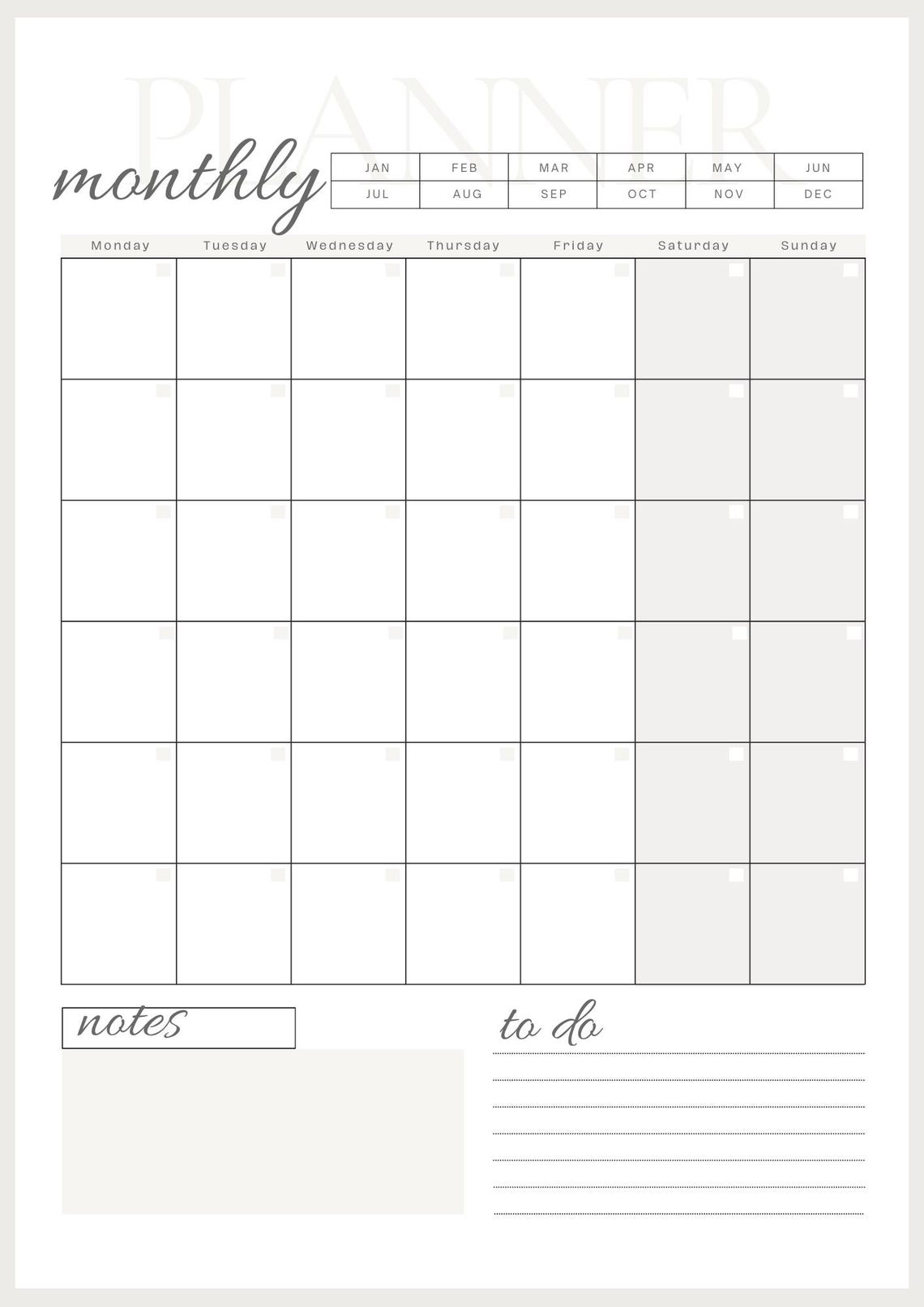 Minimalist Monthly Planner | Printable Undated Calendar | Organize Your ...