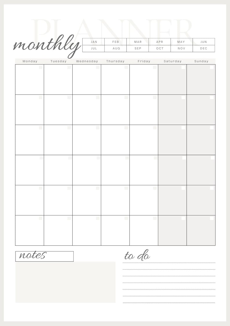 Minimalist Monthly Planner | Printable Undated Calendar | Organize Your ...