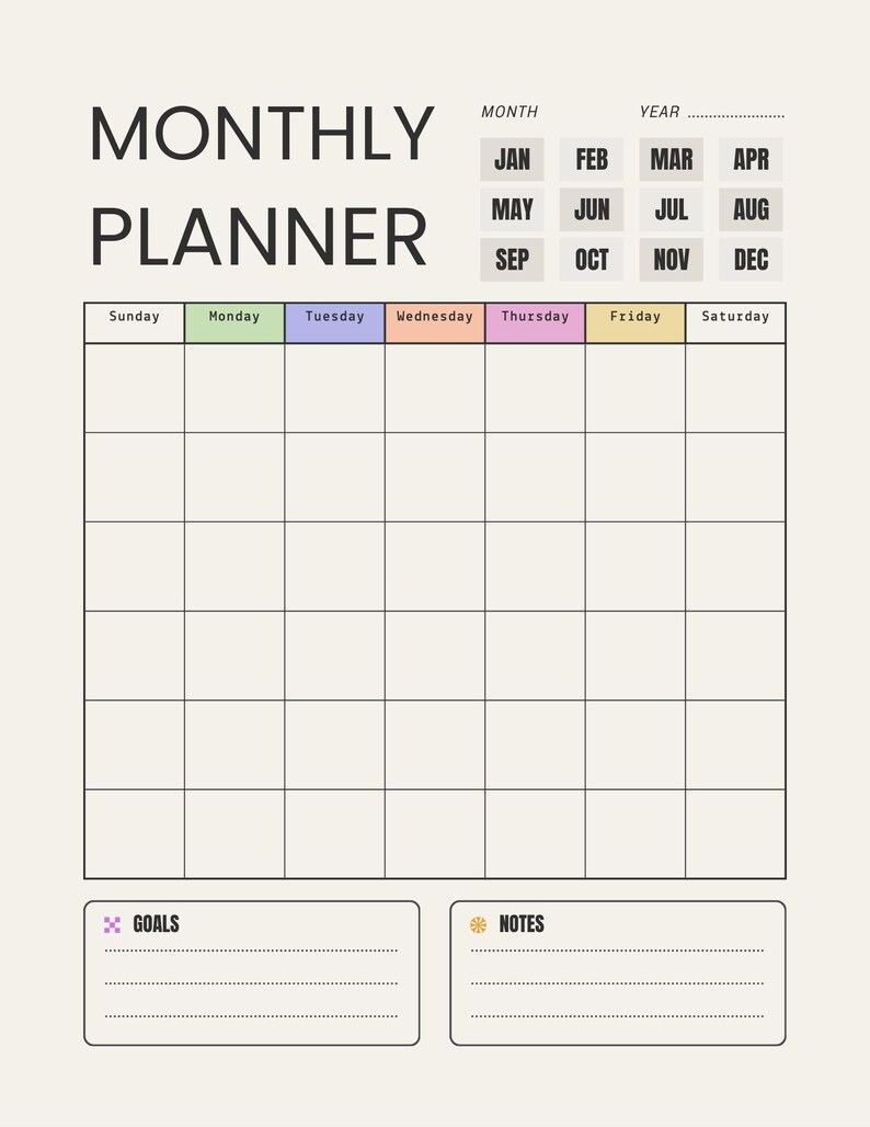 Minimalist Monthly Planner | Printable Undated Calendar | A4 A5 US ...