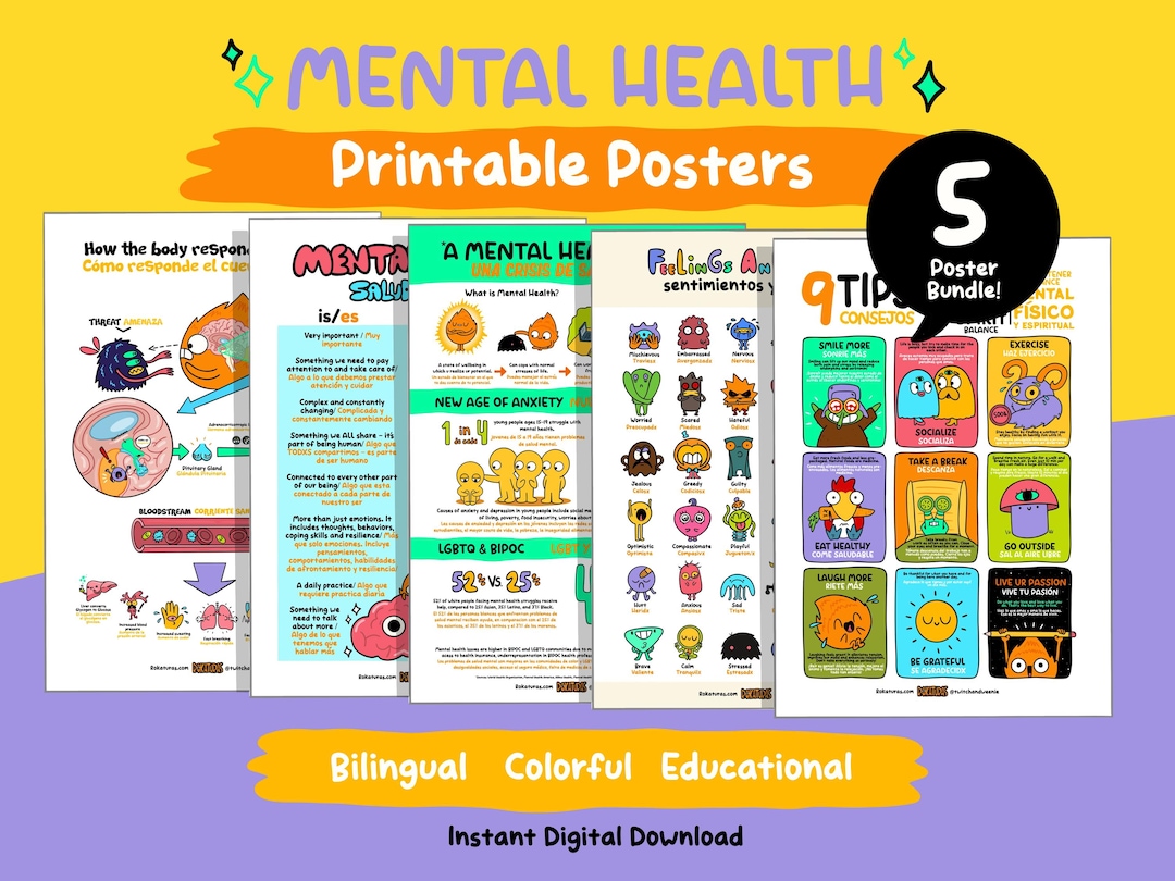 Mental Health Poster Bundle: Bilingual Classroom Decor, Therapy Office ...