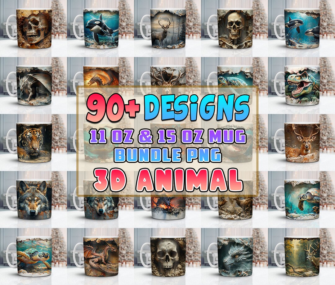 90+ Designs 3D Animal Bundle Png 11oz & 15oz Mug Wrap, 3D Animal Mug ...