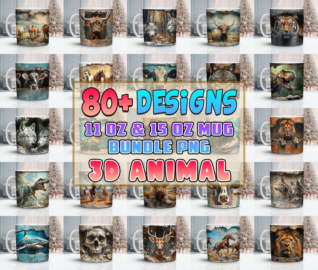 80+ Designs 3D Animal Bundle Png 11oz & 15oz Mug Wrap, 3D Animal Mug ...
