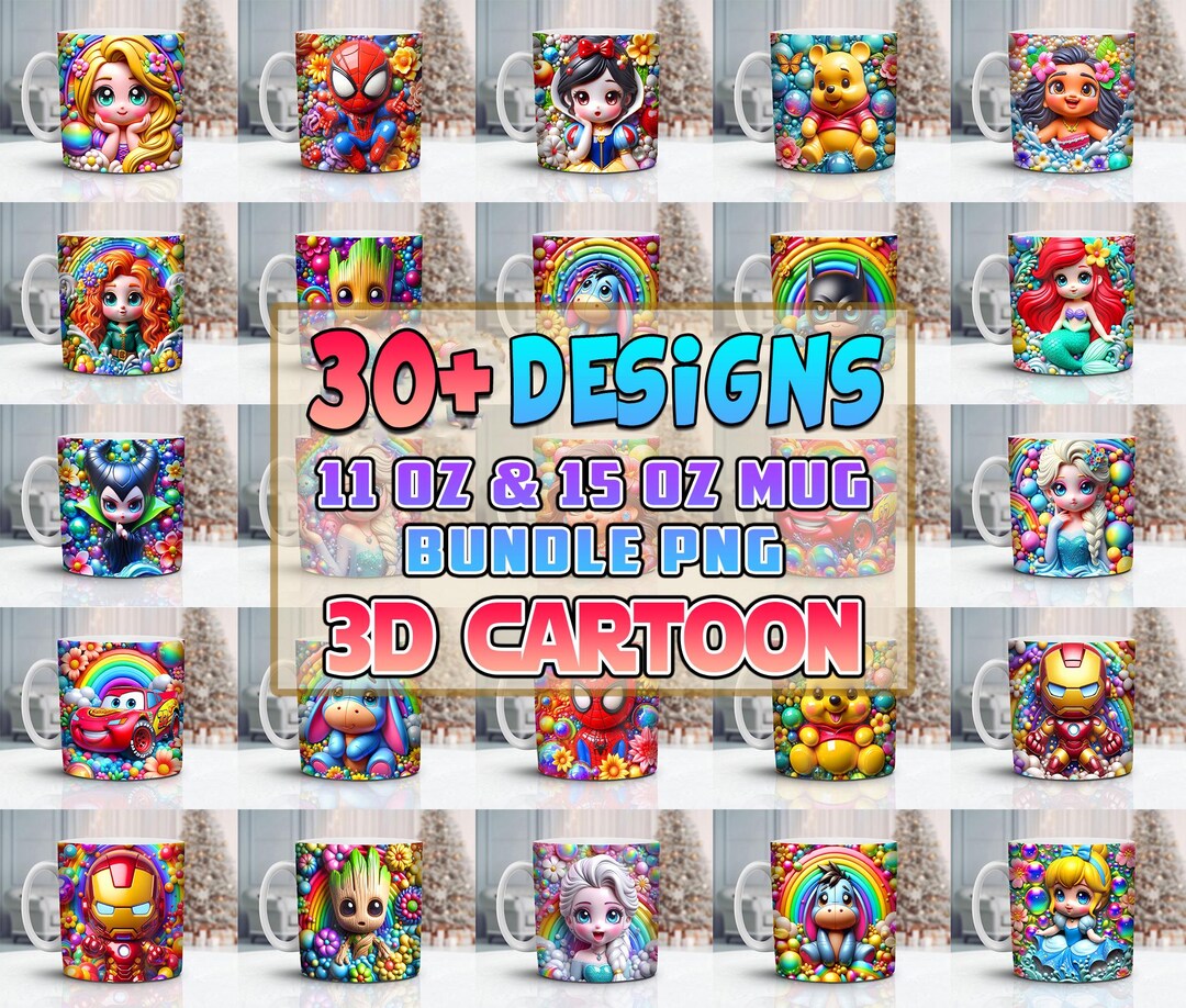 30+ Designs 3D Cartoon Bundle Png 11oz & 15oz Mug Wrap, 3D Cartoon Mug ...