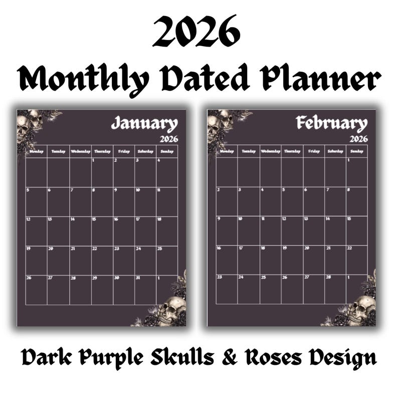 2026 Dark Purple Gothic Skulls Monthly Planner | Printable One-page ...