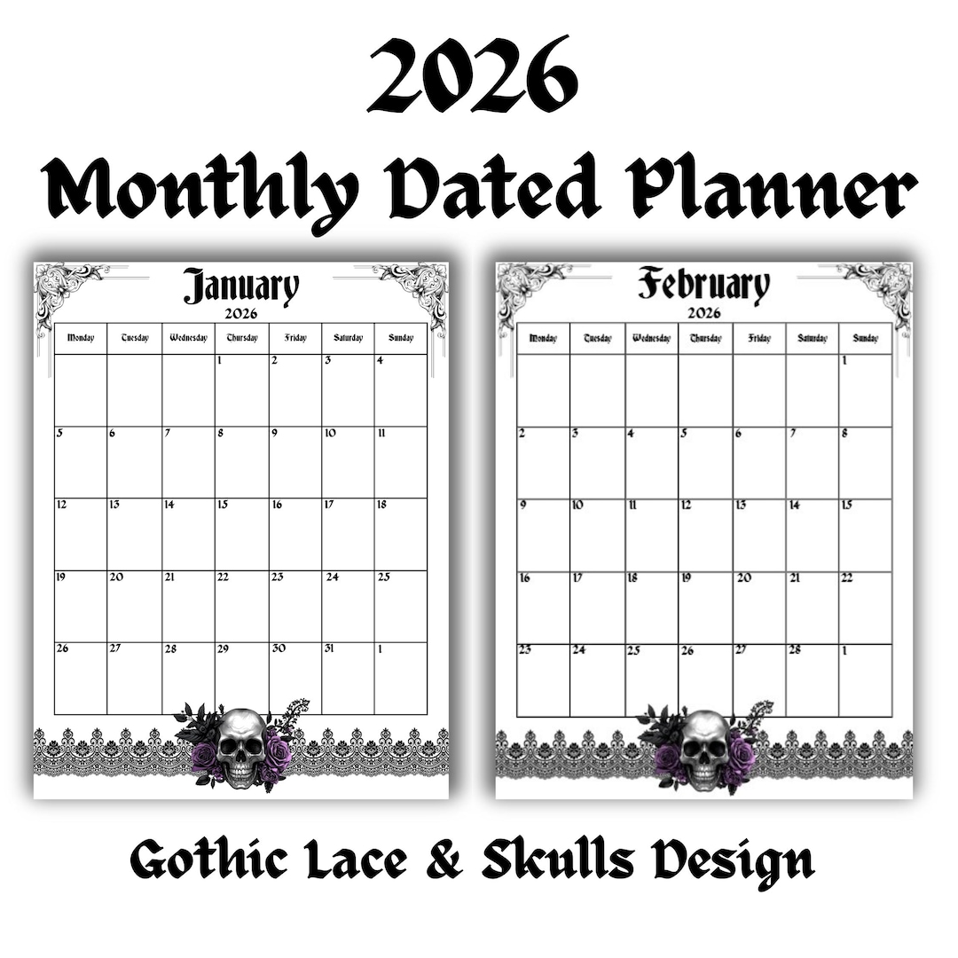 2026 Gothic Lace & Skulls Monthly Planner | Printable One-page Calendar ...