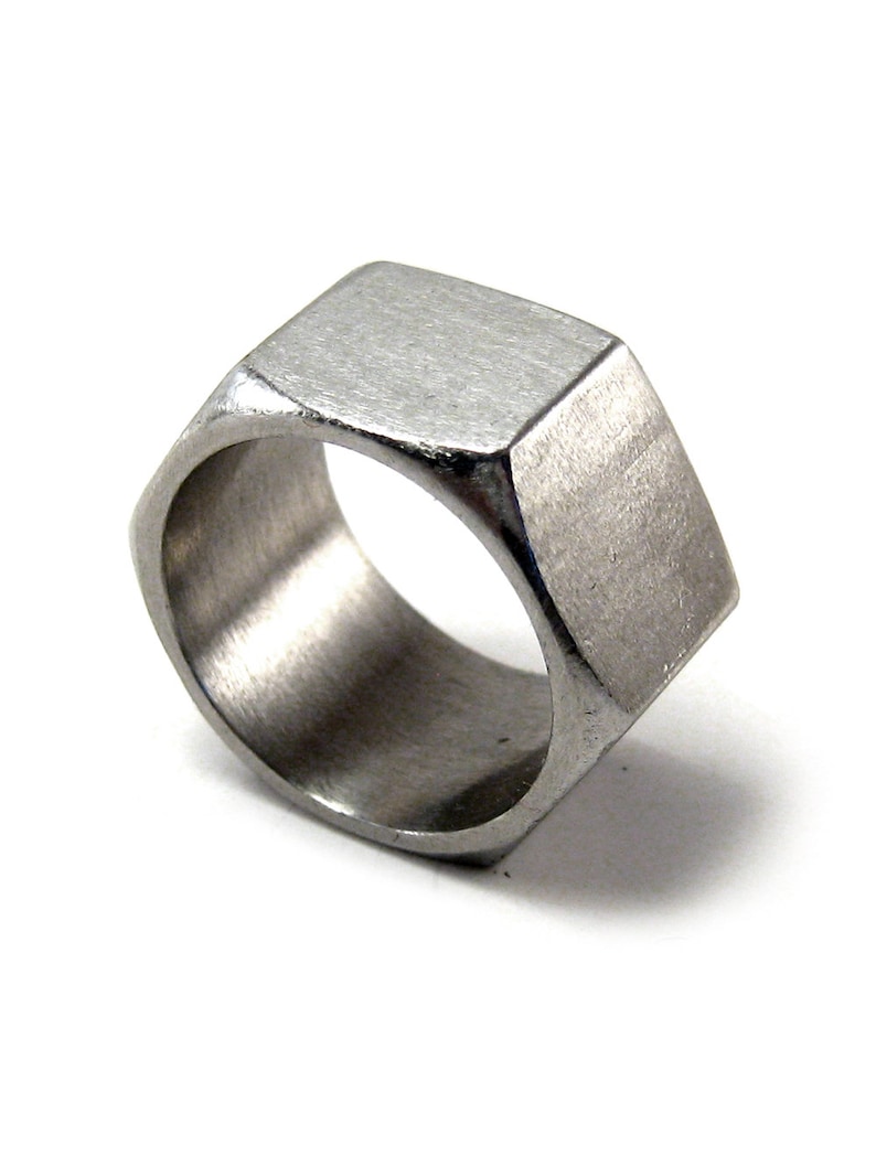 Hexagonal Nut Ring, Stainless Steel Industrial Geometric Modern Pinky ...