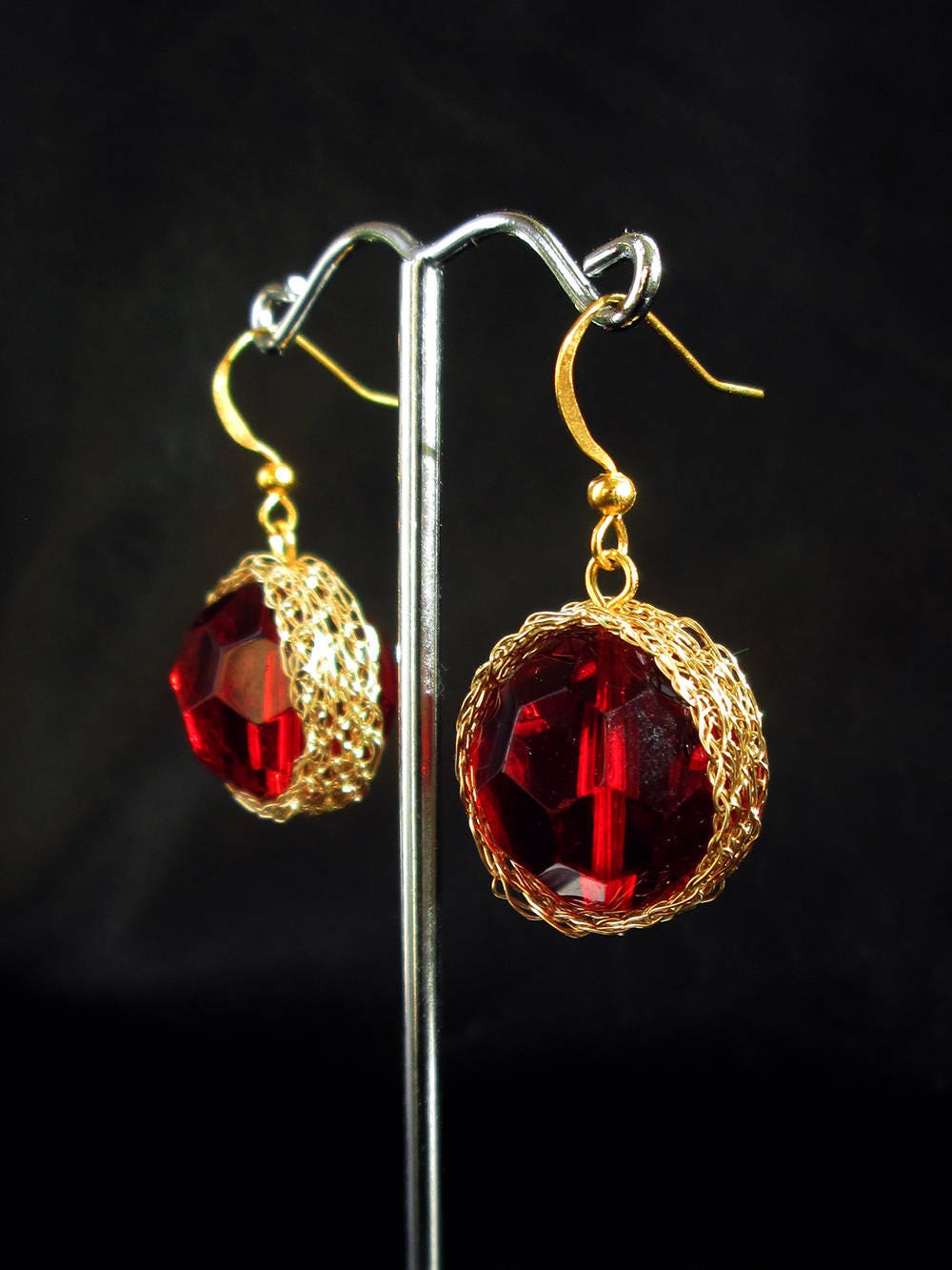 Red glass earrings elegant gold tone wire crochet dangle | Etsy