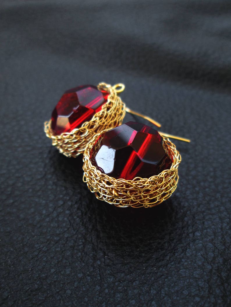 Red Glass Earrings, Elegant Gold Tone Wire Crochet Dangle Earrings - Etsy