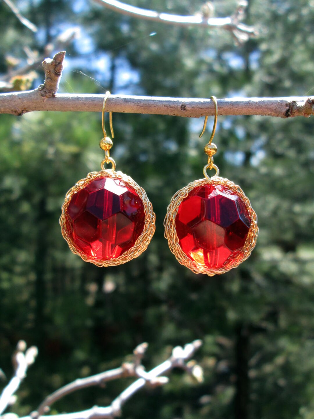 Red Glass Earrings, Elegant Gold Tone Wire Crochet Dangle Earrings - Etsy