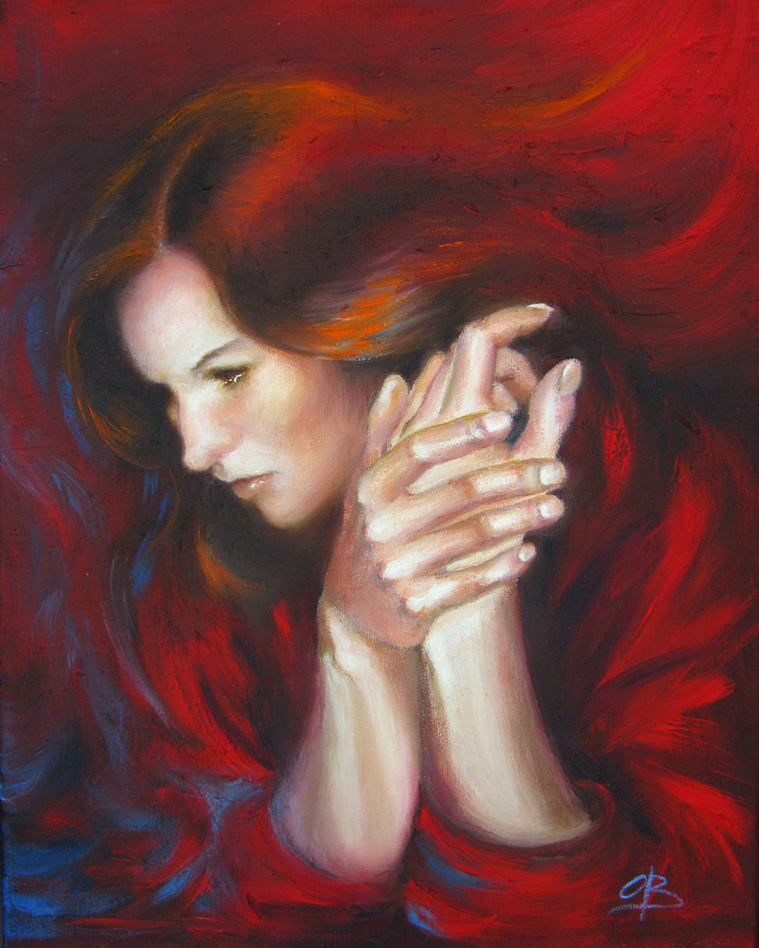 Red Portrait Art Print, Contemporary Female Portrait Oil Painting Art ...