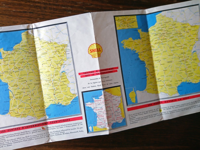 Vintage 1950s France Road Map Fold Out Shell Touring Map Tourist ...
