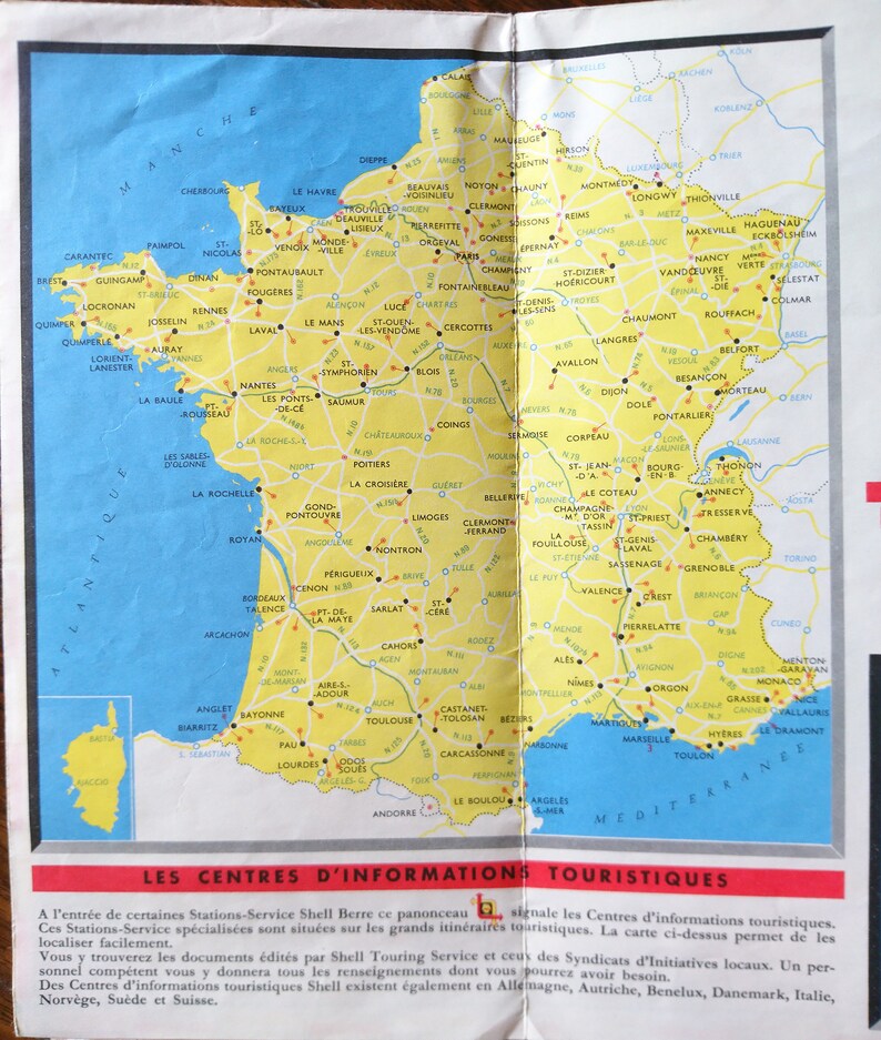 Vintage 1950s France Road Map Fold Out Shell Touring Map Tourist ...