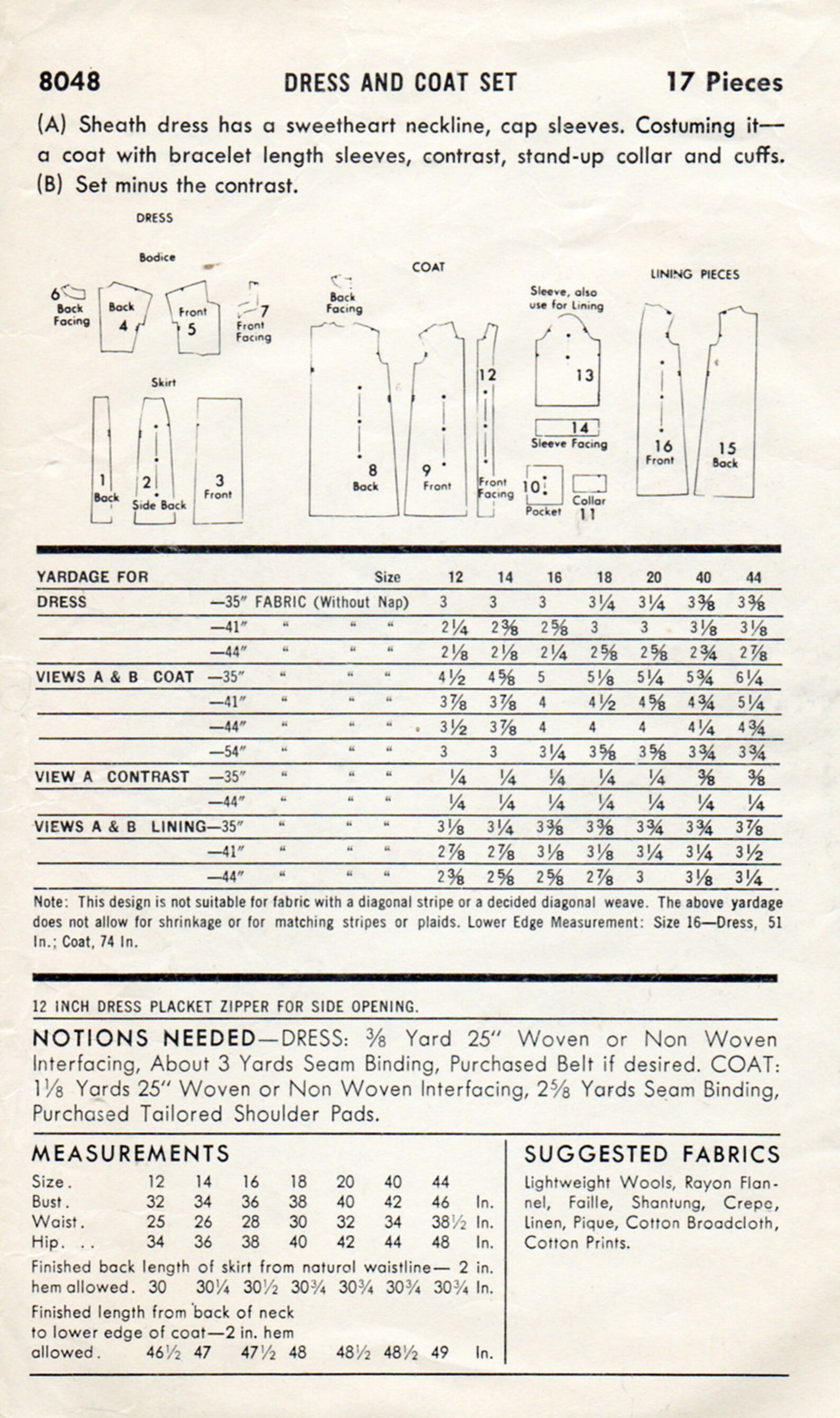 1950s Dress & Coat Pattern Butterick 8048 Vintage Sewing Pattern ...
