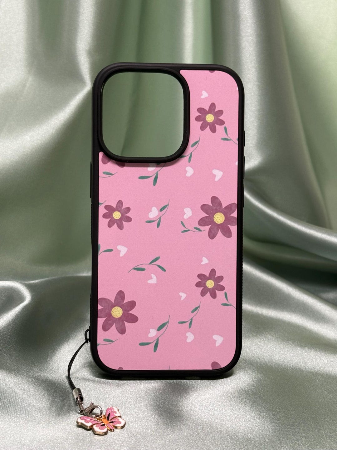 Pink Floral Phone Case With Butterfly Charm and Built-in Grip - Etsy
