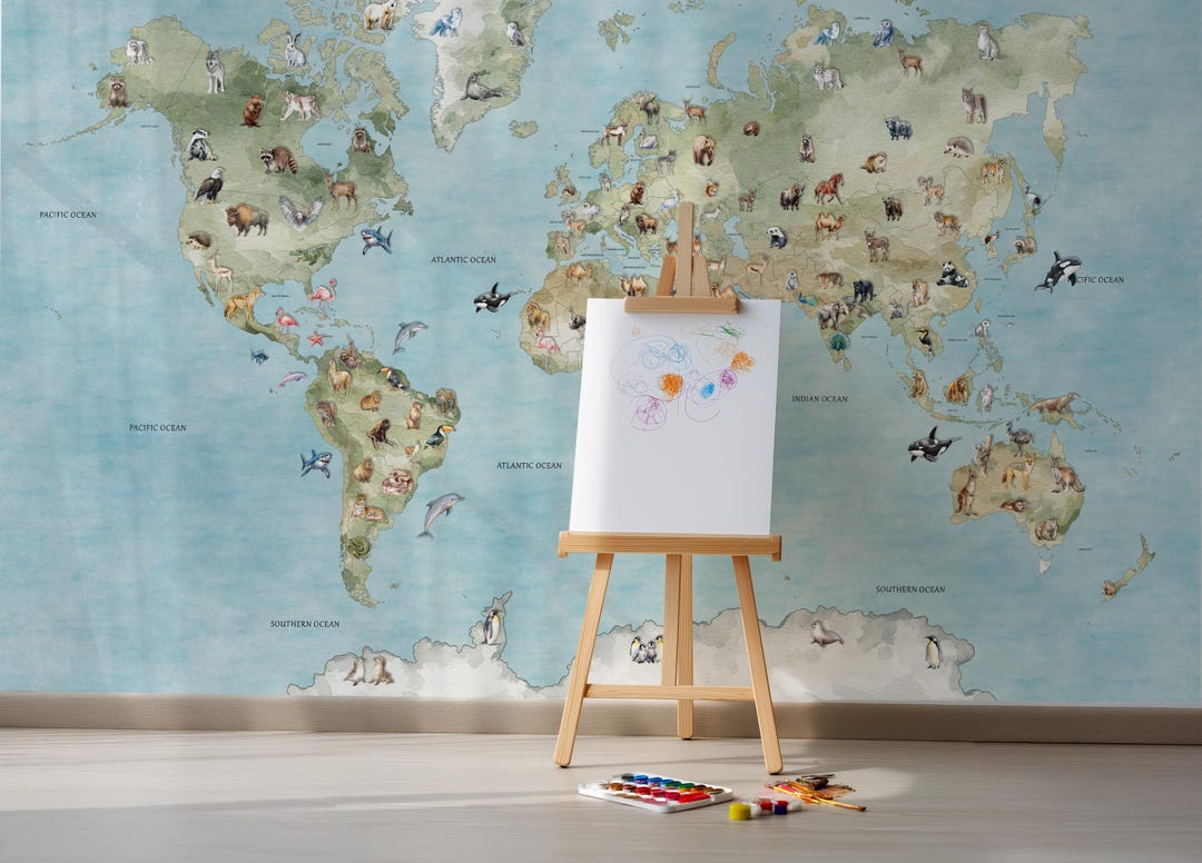 World Map Wallpaper, Animals Geography Kids Nursery, Educational Peel ...