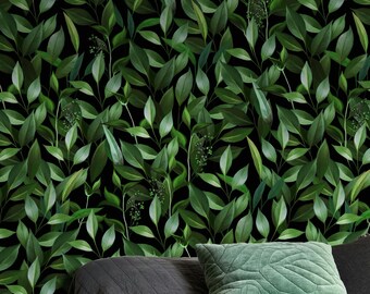 Dark Green Leaf Wallpaper: Botanical Peel and Stick Wall Mural - Etsy