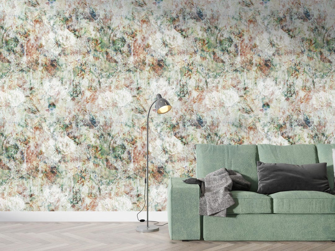 Dirty Floral Peel and Stick Wallpaper, Textured Green Botanical ...