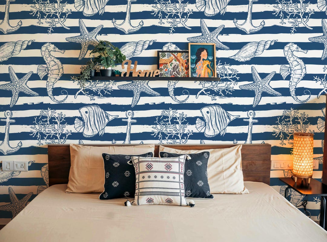 Nautical Stripe Peel and Stick Wallpaper, Navy Blue Coastal Wall Mural ...