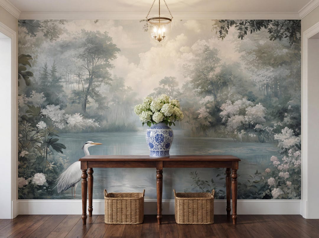Pastoral River Landscape Peel and Stick Wallpaper, Serene Lake Floral ...