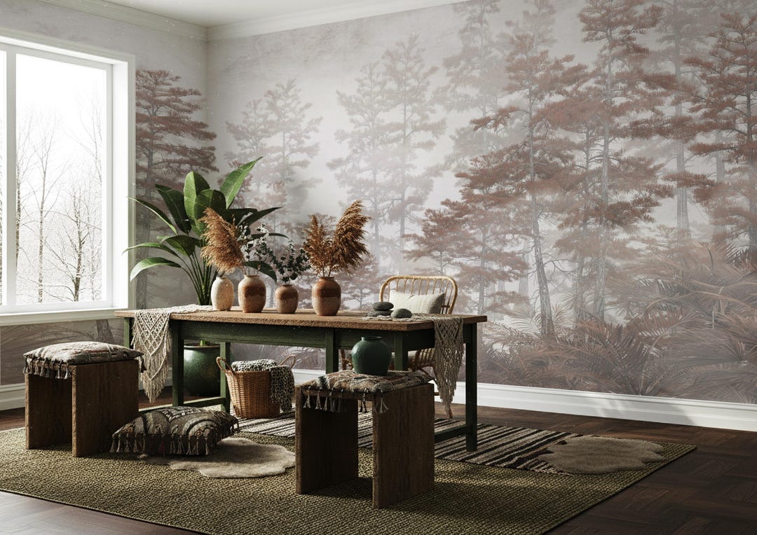 Sepia Mist Forest Landscape Wall Mural, Autumn-inspired Peel and Stick ...